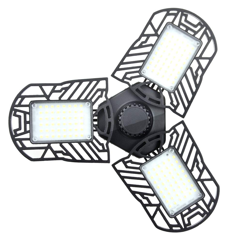 CKEGUO LED Garage Lights, 60W Garage Lighting Deformable Garage Ceiling Light Fixture 6000Lm 6500K Shop Light with 3 Adjustable Panels for Workshop Basement for Garage, Working Light, Stadium