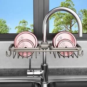 LuLusmoda Kitchen Sink Rack Faucet Sponge Holder Over The Sink Organizer Faucet Rack with Hook,A Free Dish Cloth Note:Round Pipe with Diameter 0.7-1.1 Inchs Can Be Used(Aluminum,Double,Elegant Gray