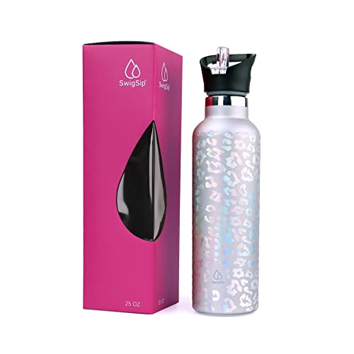 Swig Sip Insulated Water Bottle - 25oz Double Wall Stainless Steel Tumblers with Straw Vacuum Insulated Thermos Workout Tumbler (Laser Siver)