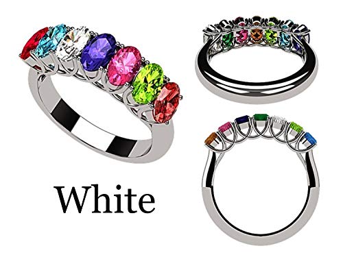Central Diamond Center Oval Cut Lucita Mothers Birthstone Ring w/ 1 to 7 Simulated Birthstones - Sterling Silver-Size 10