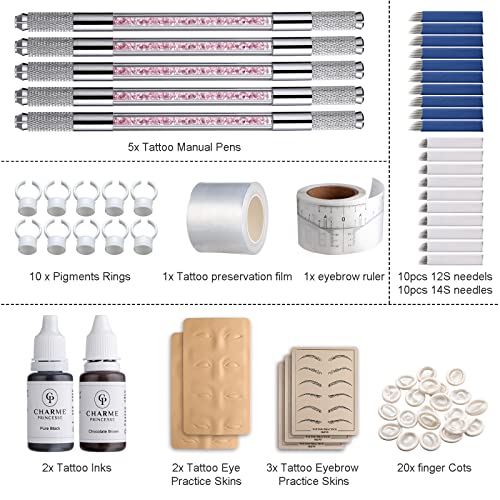 Charme Princesse Microblading Pen Kit Double Sided Manual Pen Kit with 20Pcs Needles Pigment Practice Skin Eyebrow Ruler Ring Cup for Permanent Makeup Supplies EK910S20-1
