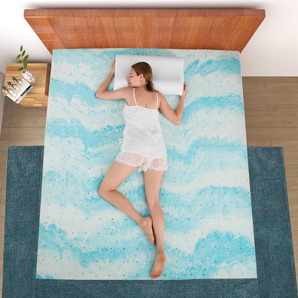 IULULU Mattress Topper, 3 Inch Gel Memory Foam Mattress Topper for Queen Size Bed, Blue