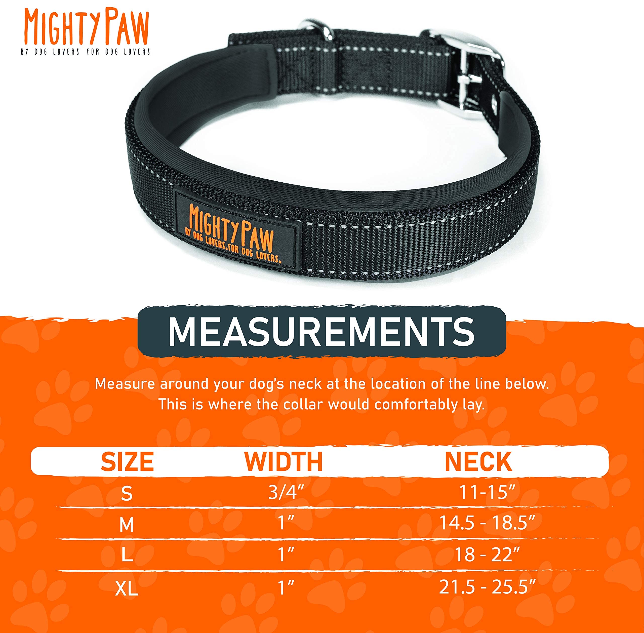Mighty Paw Dog Collar - Padded Comfort - Neoprene Lining - High Visibility Reflective Threading - Weatherproof Nylon - Buckle Adjustable Dog Collar - Comfortable Dog Collar for All Dog Breeds