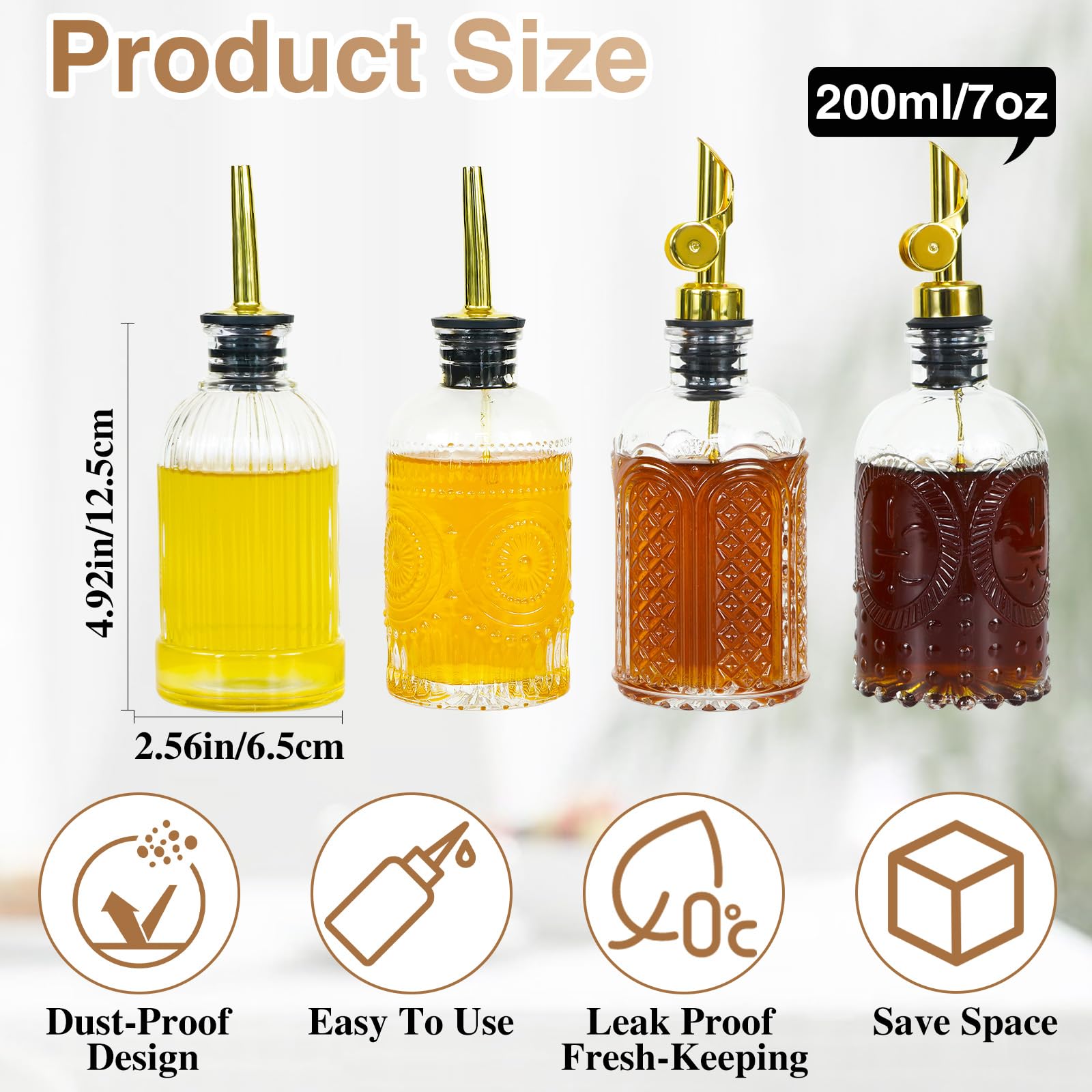Coffee Syrup Dispenser Bottles Set 4 Pcs, 7oz/200ml Coffee Bar Accessories with Metal Pour Spout, Simple Syrup Bottles for Coffee Syrups, Honey, Condiments, Olive Oil, with Label, Funnel, Cork, Brush