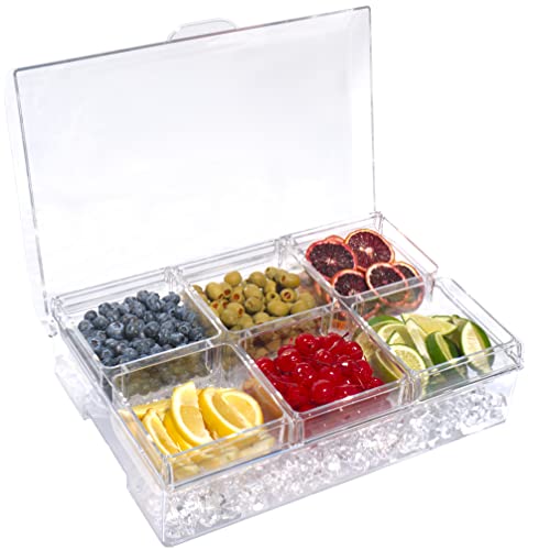 ImpiriLux Ice Chilled Six Compartment Condiment Server Caddy - Serving Tray Container with 6 Removable Dishes Each with 3.5 Cup Capacity | Domed Hinged Lid | 4 Serving Spoons + 4 Tongs Included