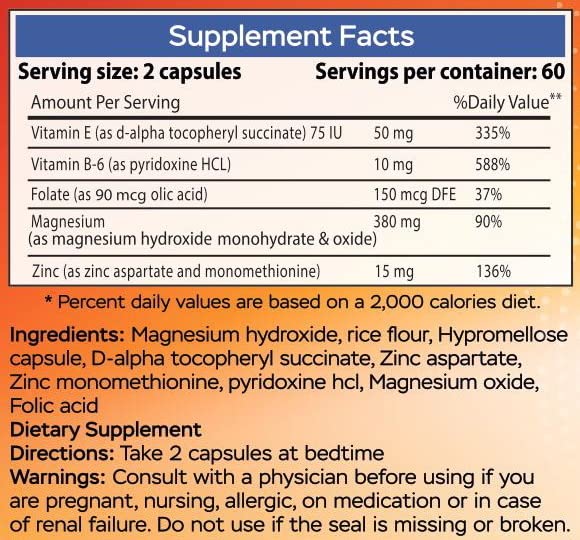 Magnesium Zinc & Vitamins B6, B9, Folic Acid – High Absorption for Immune Support, Muscle Recovery, Easy on Stomach, 120 Capsules
