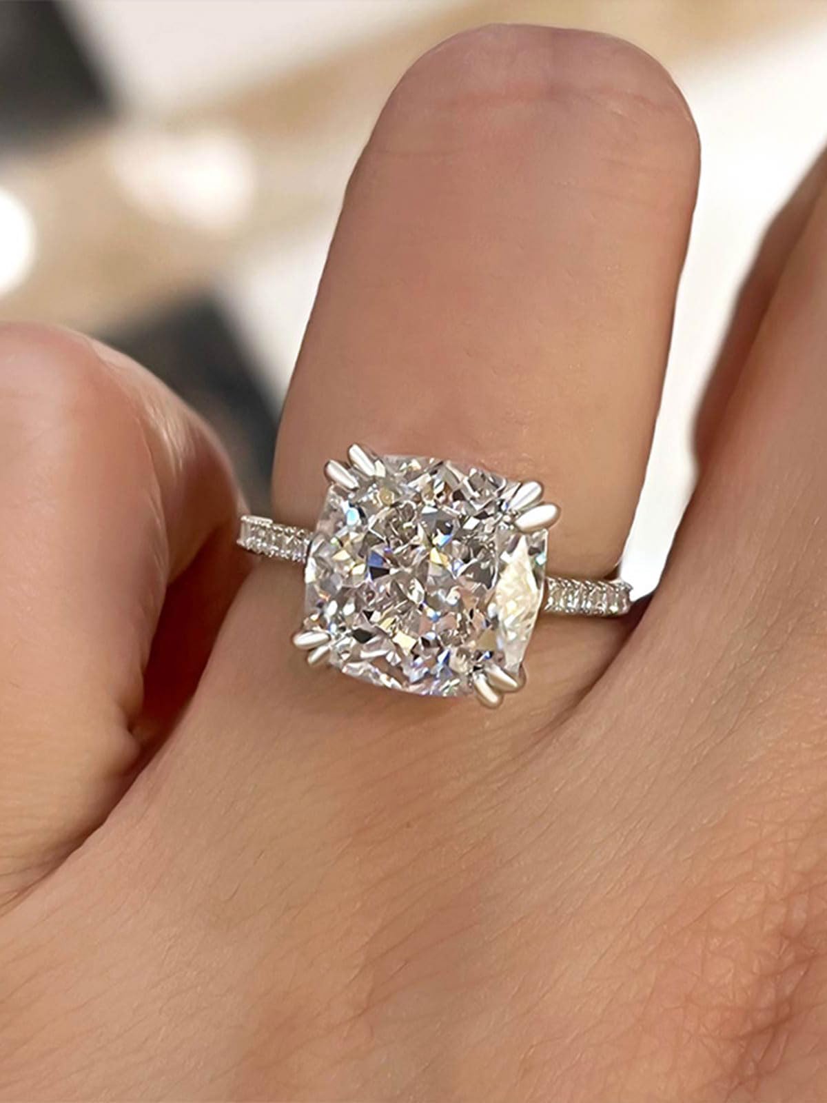 Effinny 4.5ct Square Crushed Ice Cushion Cut Engagement Ring for Women,Sterling Silver CZ Simulated Diamond Promise Ring (9)