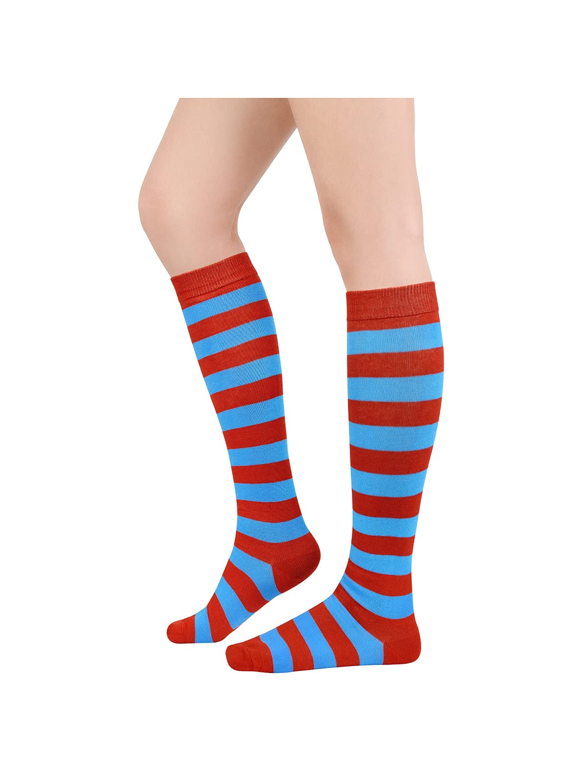 Century Star Women's Knee High Socks Athletic Thin Stripes Tube Socks High Stockings Outdoor Sport Socks 1 Pack Blue Red Stripes One Size
