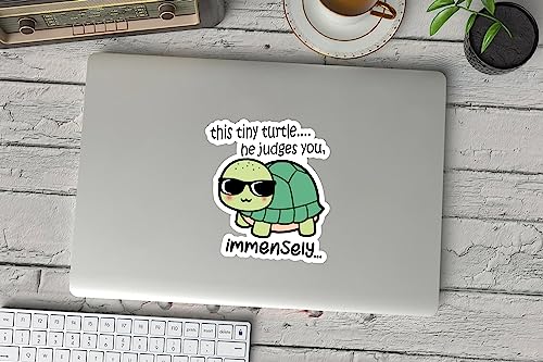 Miraki This Tiny Turtle He Judges You Immensely Sticker, Turtle Sticker, Adorable Sticker, Judgment Sticker, Water Assitant Die-Cut Vinyl Funny Decals for Laptop, Phone, Water Bottles, Kindle Sticker