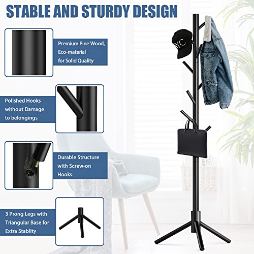 Haddockway Wooden Coat Rack Stand with 8 Hooks New Zealand Pine Adjustable Coat Standing Tree Easy Assembly for Coats, Hats, Scarves and Handbags for Entryway, Hallway, Bedroom, Office Black