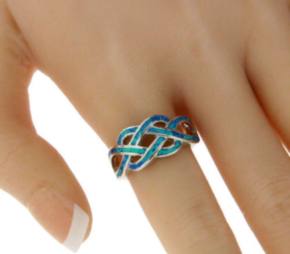 Crisscross Infinity Celtic Created Blue Opal Ring 925 Sterling Silver, Size - 5