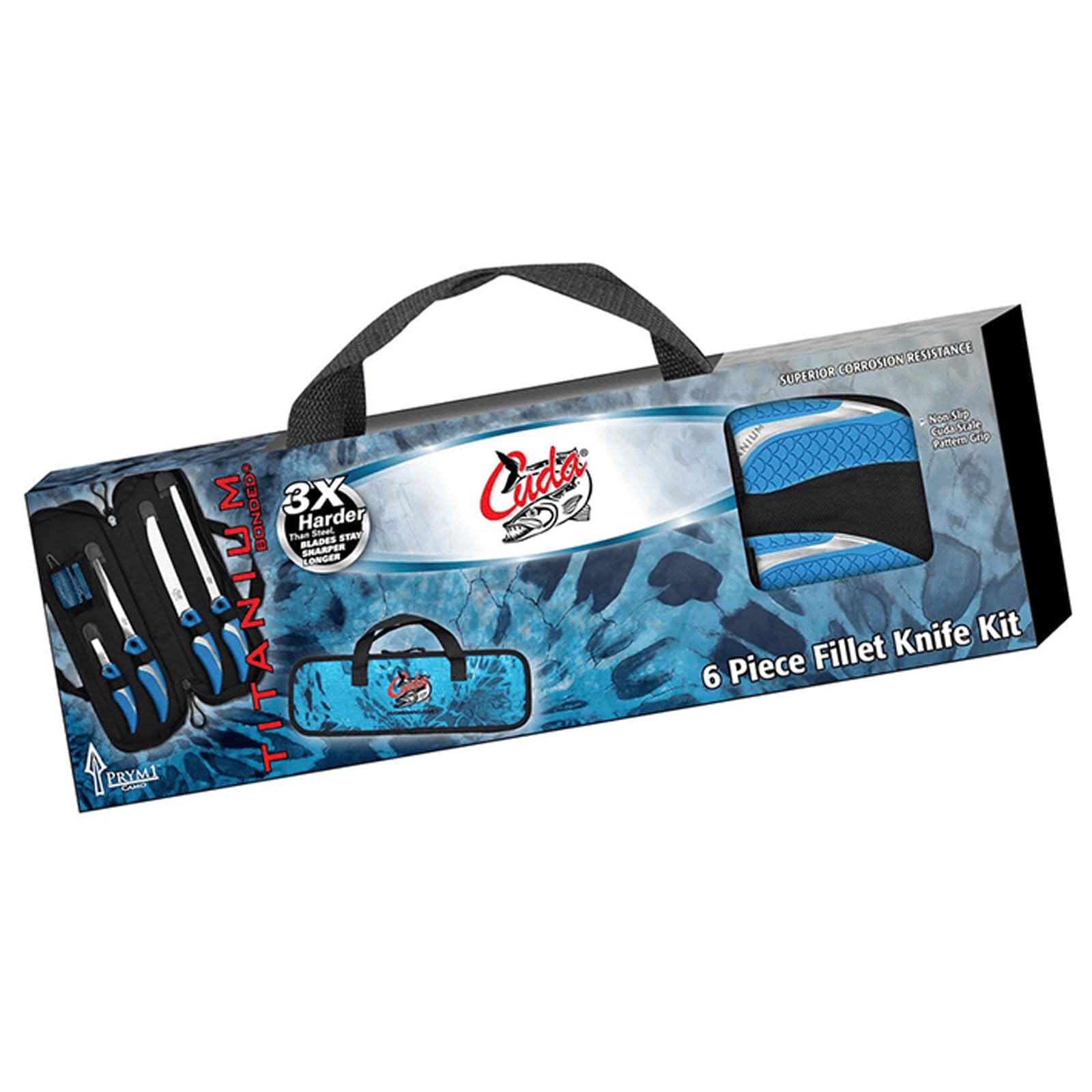 Cuda 6 Piece Fillet Knife Set | 4 Filleting Knives with Titanium Bonded Blade & Non-Slip Grips, Knife Sharpener & Prym1 Heavy Duty Case Included