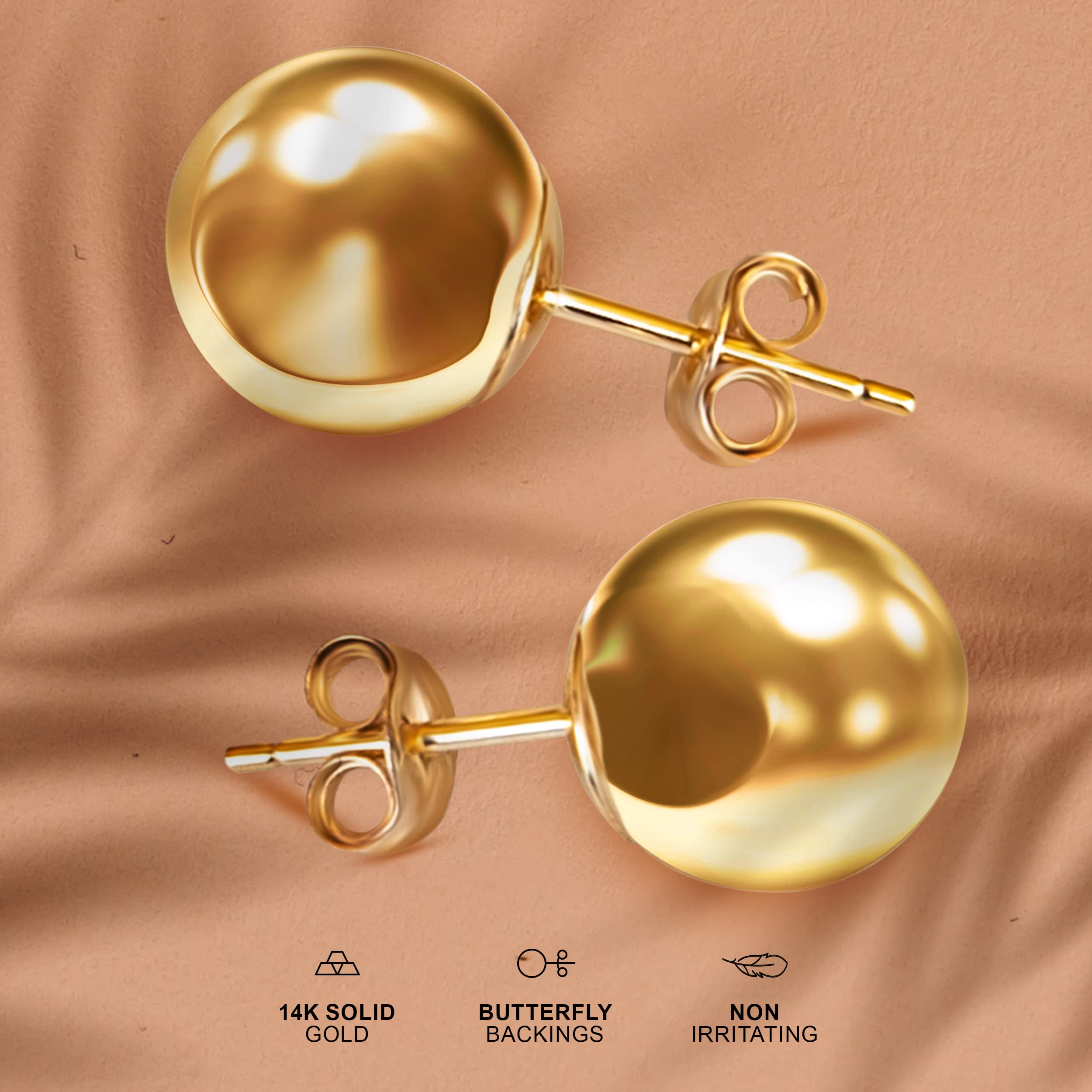 Pori Jewelers Premium 14K Yellow Gold 8MM Ball Stud Earrings - Butterfly Backings