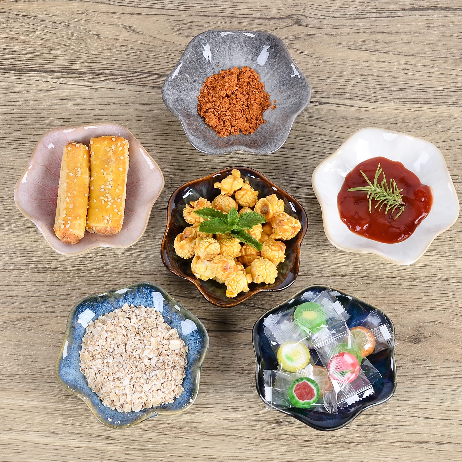 Dipping Bowls Set of 6, Ceramic Soy Sauce Dish, Flower Dipping Sauce Bowls, Pinch Bowls, Special Reactive Glazed Small Condiment Finger Bowls for Dip Sushi Soy Sauce Cup Dish