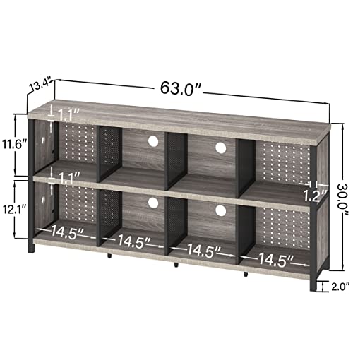 LVB Industrial 4 5 6 7 8 Cube Bookcase, Rustic Wood Metal Horizontal Bookshelf, Modern Wide Cube Organizer Storage Shelf, Large Long Low Book Shelf for Office Bedroom Living Room, Light Grey Oak 63 In