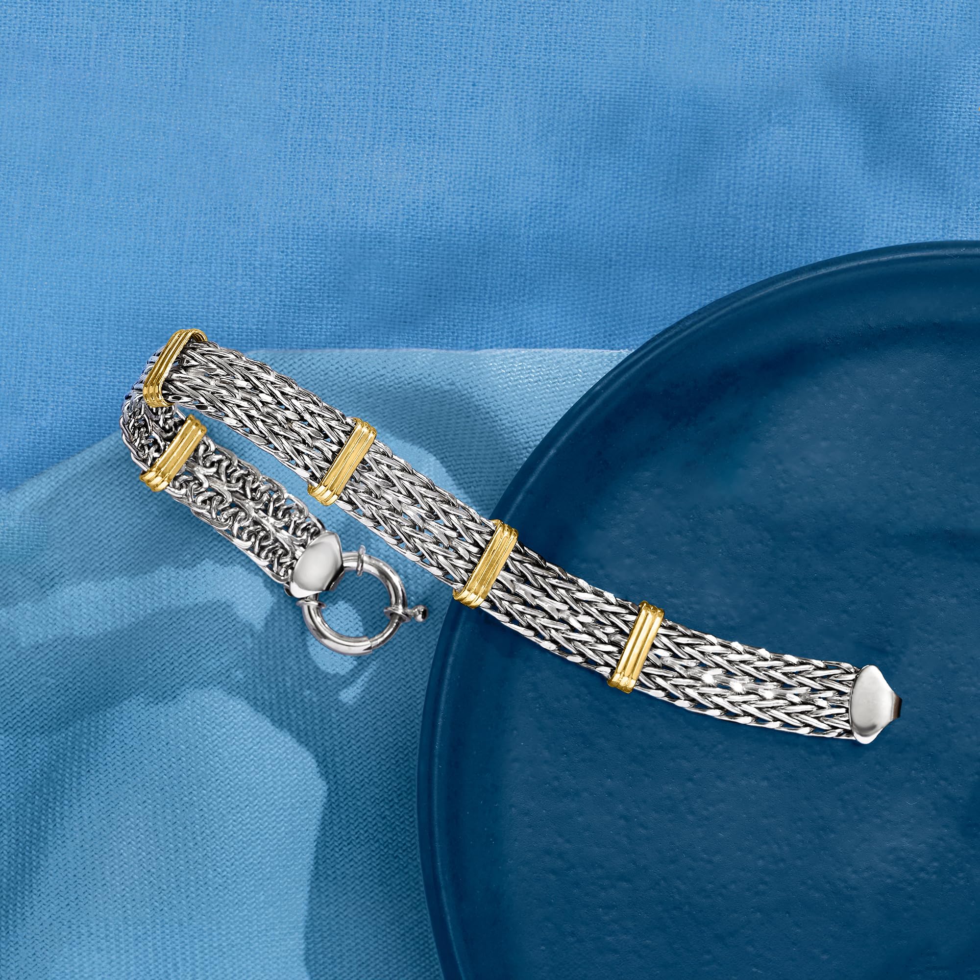Ross-Simons Two-Tone Sterling Silver Wheat-Link Bracelet. 8 inches