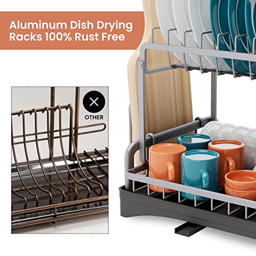 Dailyart Dish Racks for Kitchen Counter Aluminum 2-Tier Dish Drying Rack with Drainboard,Large Capacity 6-in-1 Dish Rack with 360°Swivel Spout, Never Rust Compact Detachable Dish Drainer, Gray