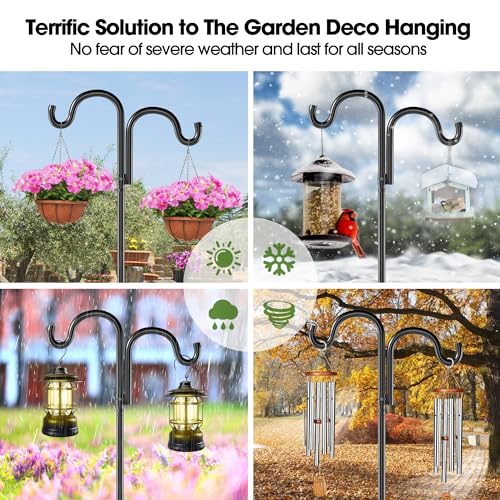 Double Shepherds Hooks for Outdoor,76" Heavy Duty Bird Feeder Pole with 5 Prong Base, Adjustable Shepherds Hook for Bird feeders Outside, Garden, Weddings, Hanging Plants