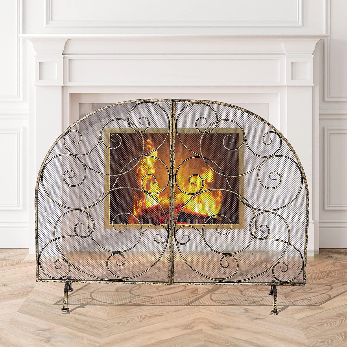 XSDevecor Handcrafted Large Free Standing Fireplace Screen, Sturdy Wrought Iron Frame Decorative Mesh Fire Spark Guard Gate, 43β W x 33β H