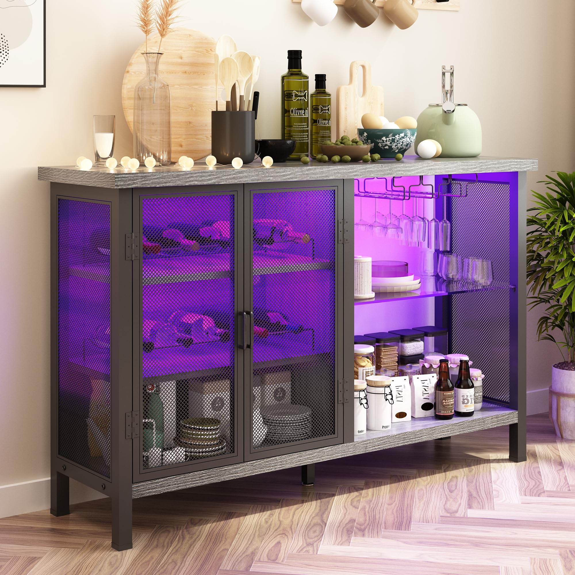 chartustriable Wine Bar Cabinet with 60000-Color Lights, Liquor Cabinet Bar with Bottle Rack and Glass Holder, Home Coffee Bar Cabinet, Buffet Sideboard with Storage Shelf for Kitchen, Dining Room