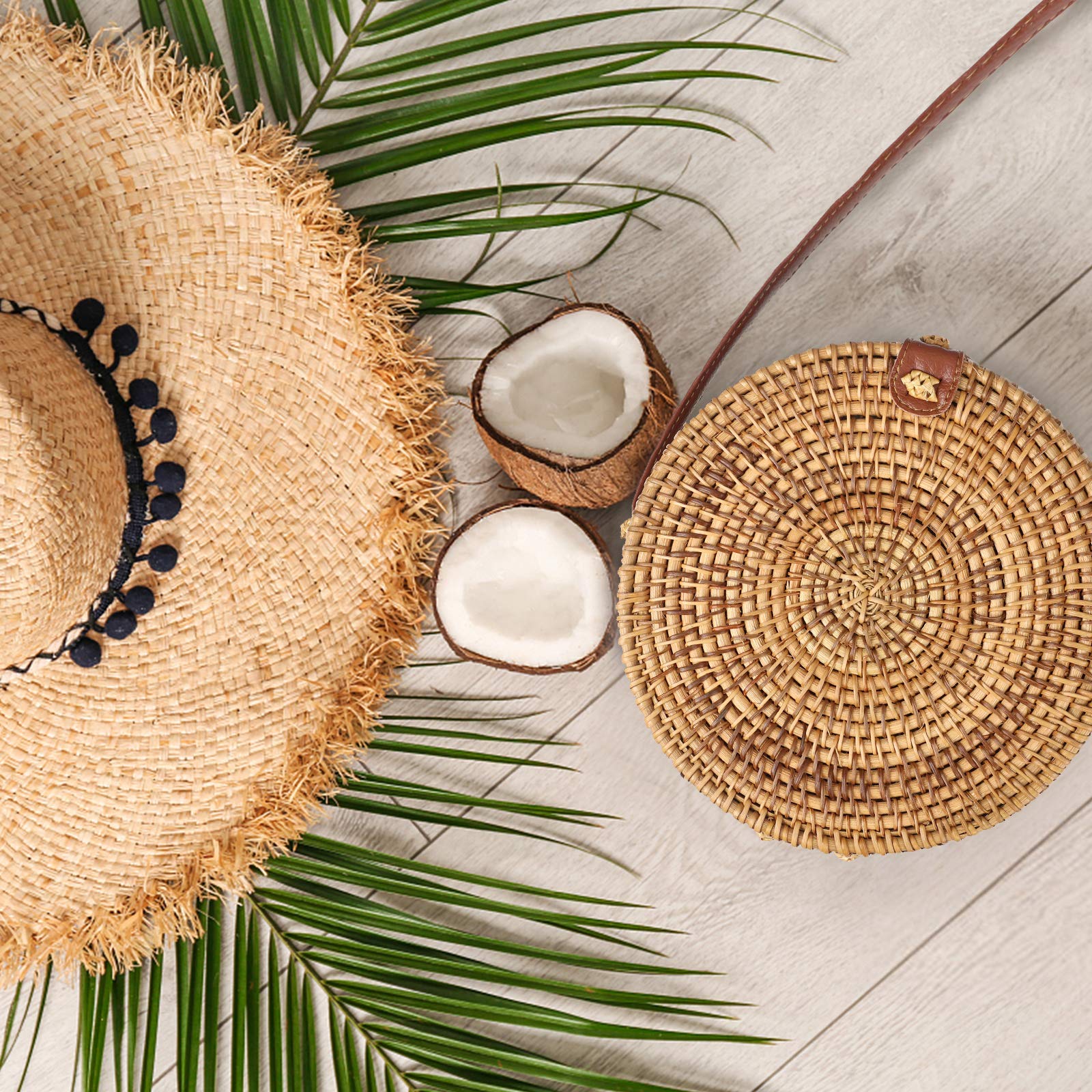 Round Rattan Bag for Women Straw Bag Handwoven Beach Bohemian Shoulder Purse by Enmain