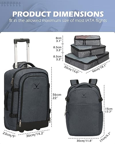 Hynes Eagle 2 in 1 Travel Backpack 22 inches Carry on Luggage 63L Rolling Backpack for Men Women with Packing Cubes 3PCS Set