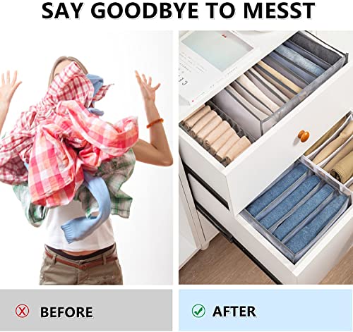 FLOODKING Wardrobe Clothes Organizer, 2Pcs Foldable Washable Drawer Storage Boxes With 7 Compartments, High Capacity Grids Closet Dividers for Underwear, Socks, T-shirts, jeans (large, White)