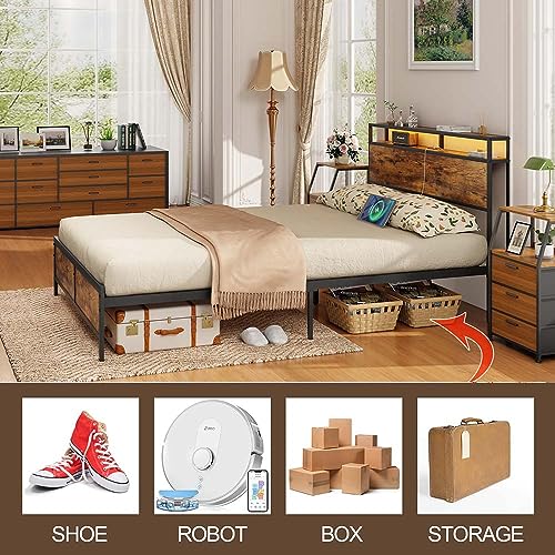 Gustonhon Industrial Queen Bed Frame with Headboard,Metal Bed Frame Queen Size with Storage Under-Bed,Mattress Foundation with LED Lights and Charging Station,2-Tier Storage Shelf (Queen)