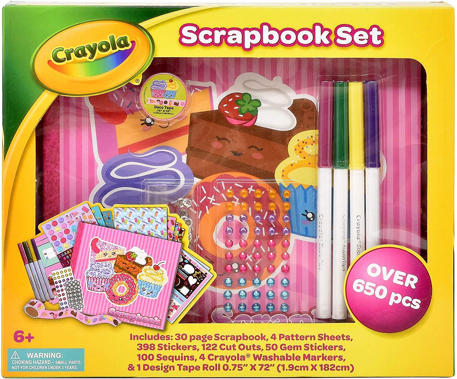 Crayola Scrapbook Activity Craft Kit, Mess Free Journal Set for Kids, Drawing Art Supplies Included Scrapbook, Pattern Sheets, Cut Outs, Gem Stickers, Sequins, Crayola Washable Markers, Tape and