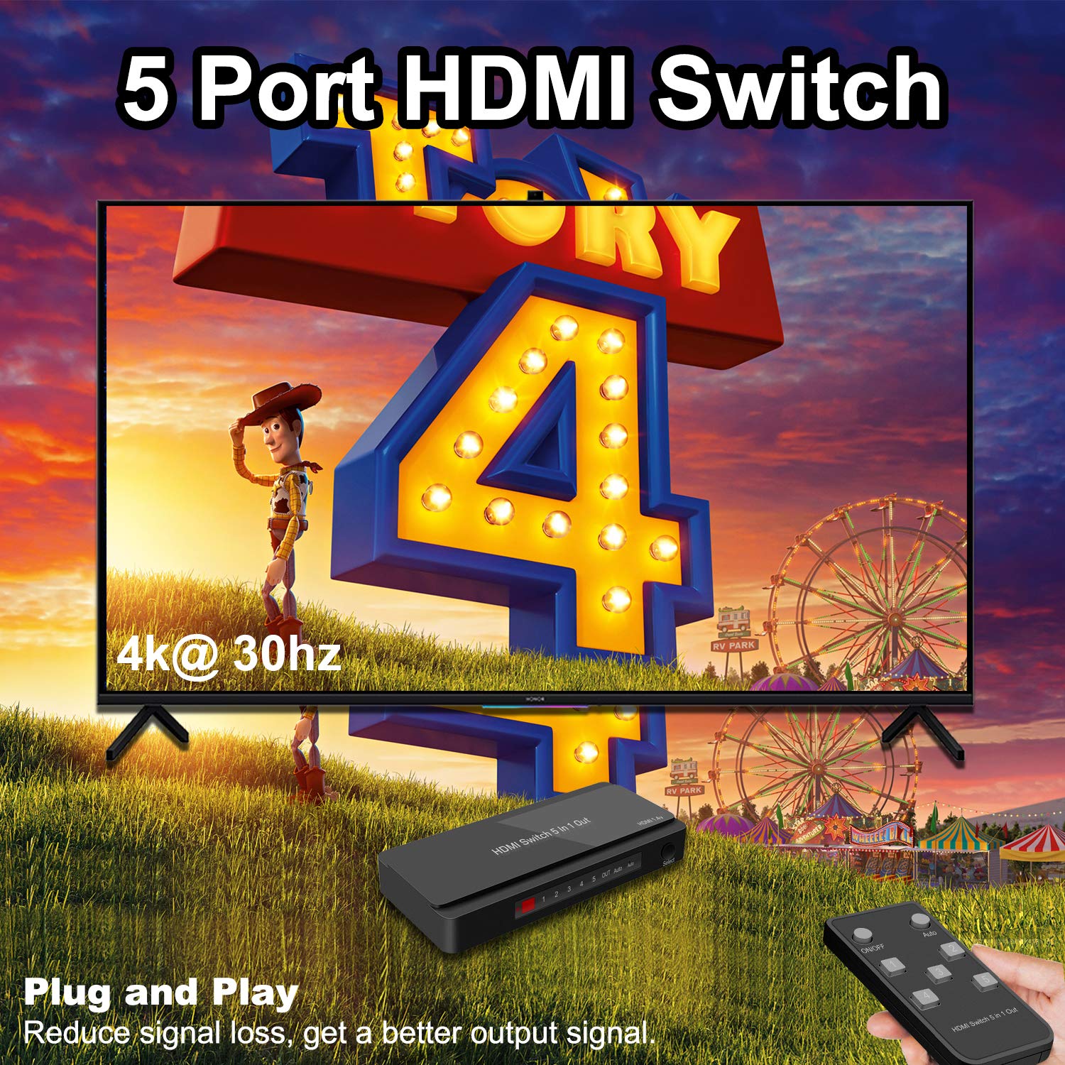 RuiPuo 5Por tHDMI Switcher, HDMI Selector 5 in 1 Out with PIP Function and IR Wireless Remote Control for Fire Stick, Xbox, PS3/4, Roku, Apple TV and DVD Players ect Support 4K, 3D Ultra HD