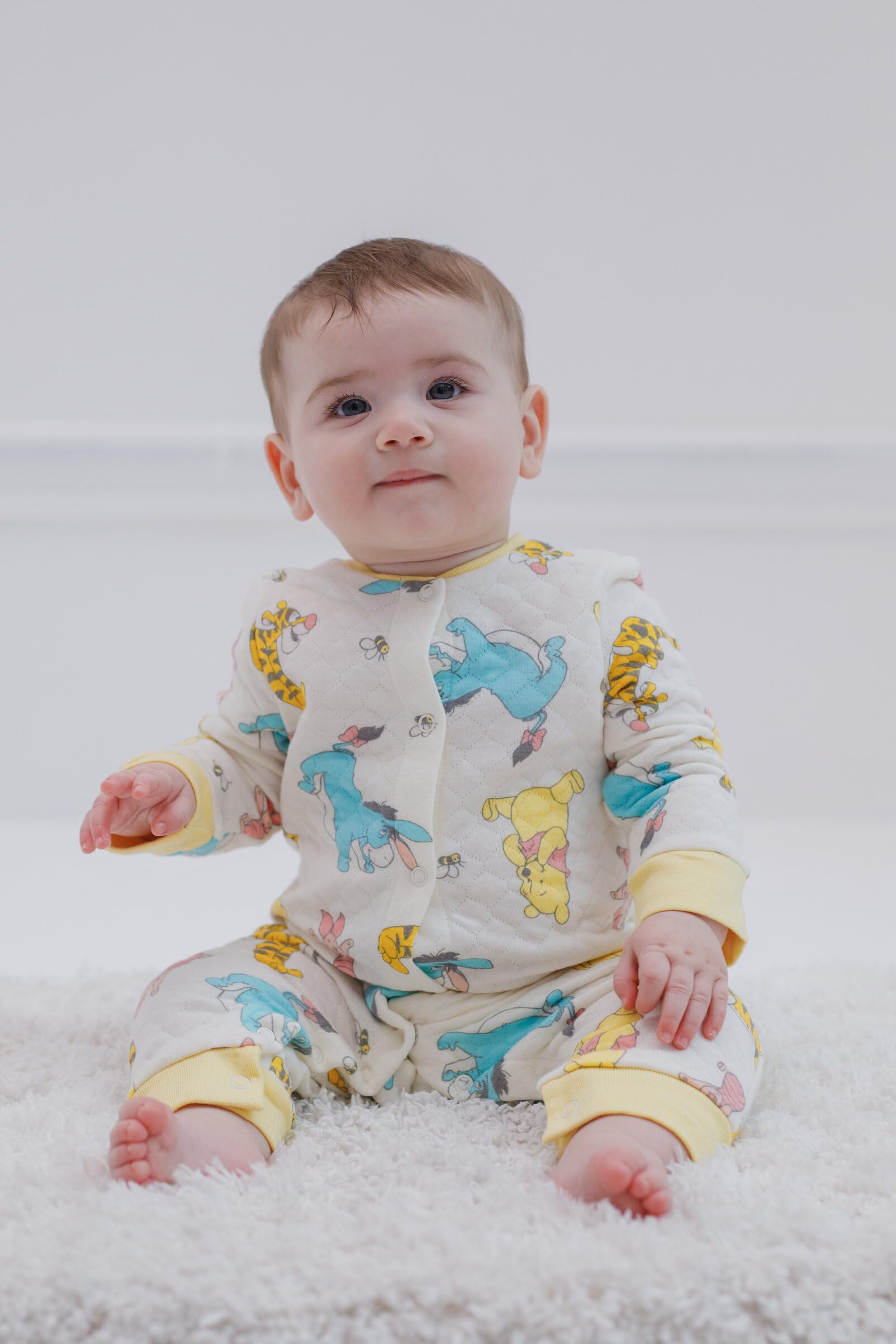 Disney Winnie the Pooh Eeyore Tigger Piglet Newborn Baby Boys Quilted French Terry Snap Coverall White 0-3 Months