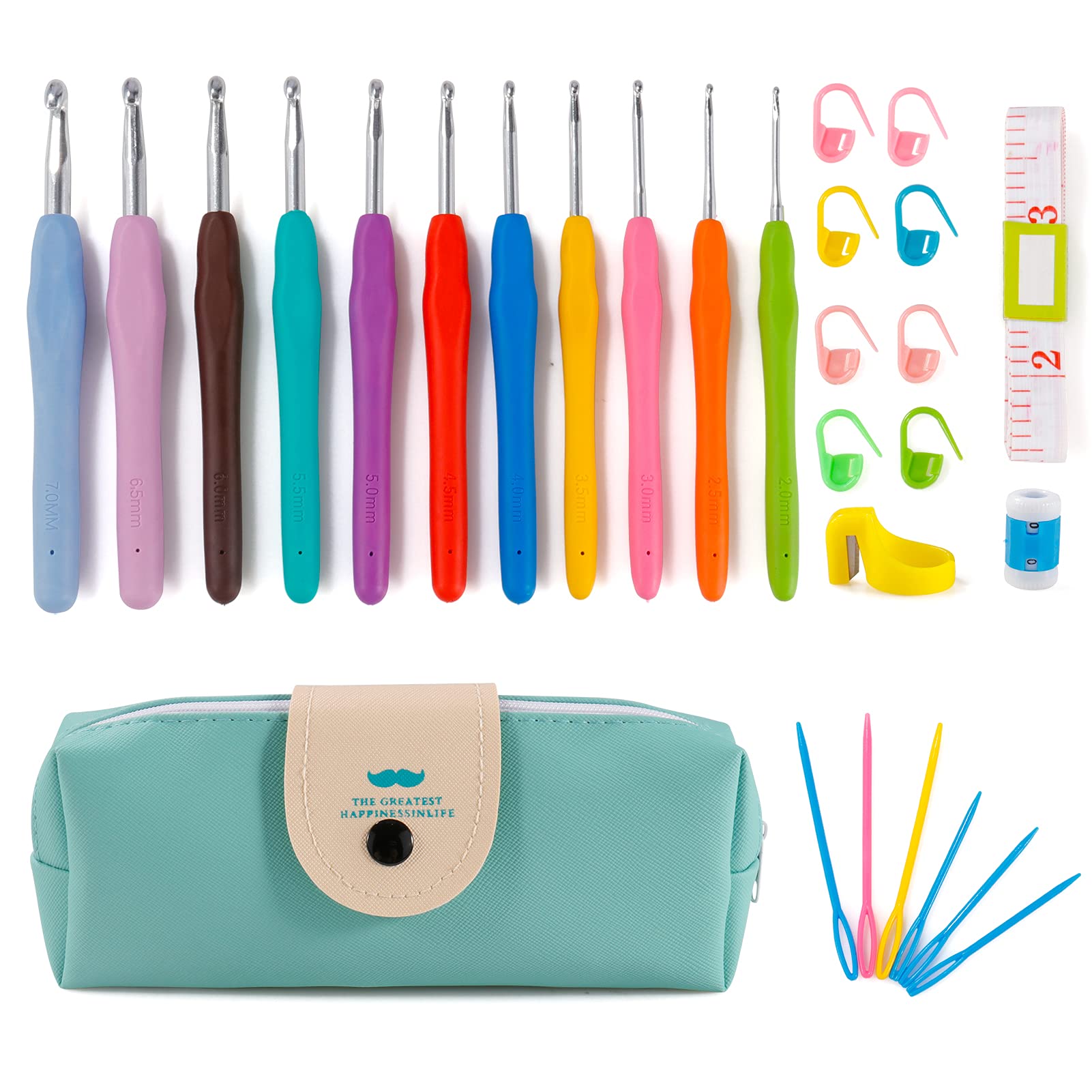 Crochet Kit, 11 Pcs 2.0mm-7.0mm Furls Crochet Hook with Ergonomic Soft Grip Handles, 29 Pack Extra Long Crochet Kit for Beginners with Bag, Comfortable for Arthritic Hands