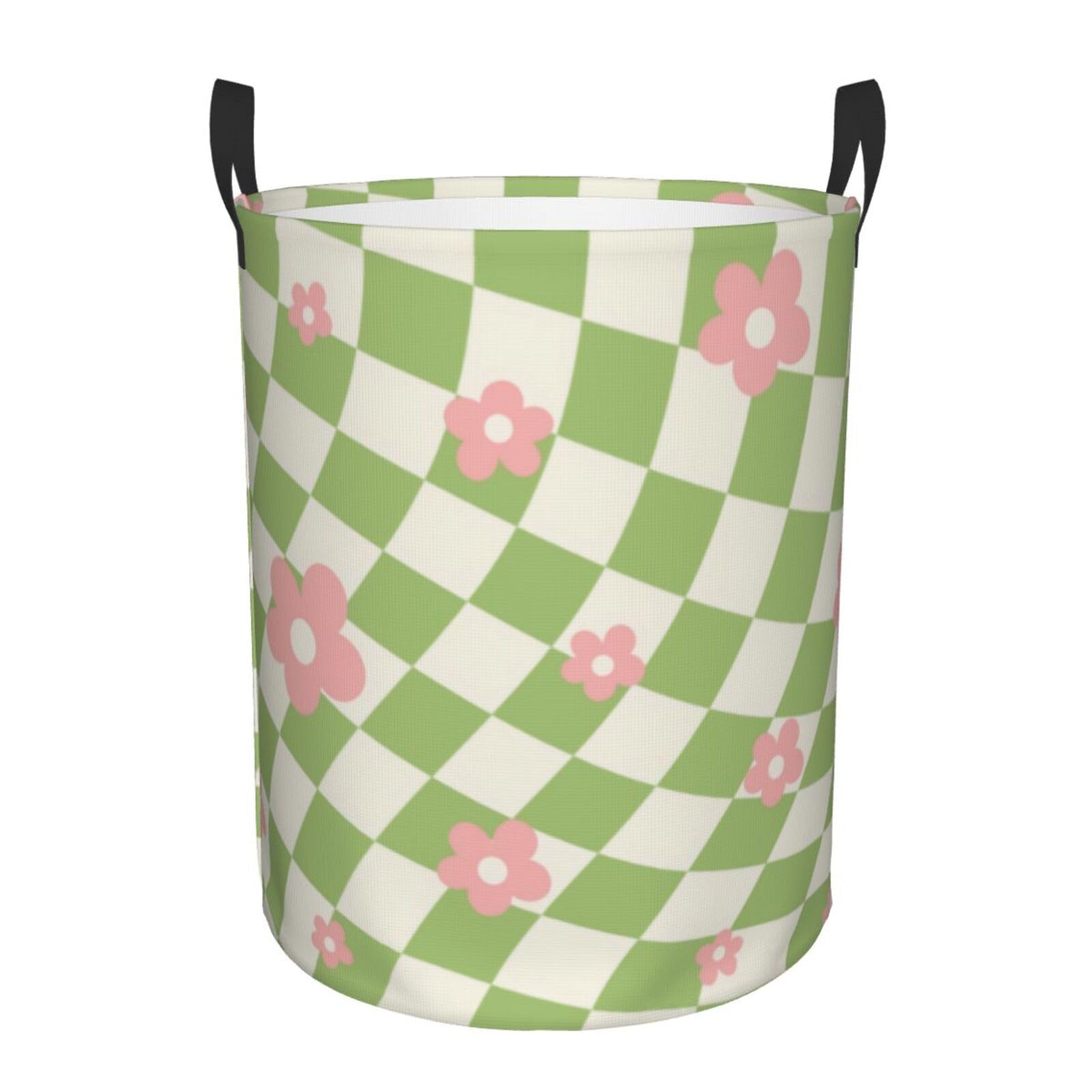 Green Pink Checkered Floral Laundry Basket Waterproof Collapsible Round Laundry Hamper Toys Clothes Organizer Gift Basket For Room Small