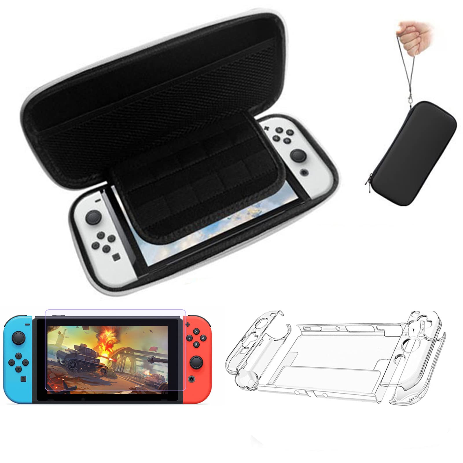 Case Compatible Nintendo Switch OLED 2021 Model, 11 in 1, Accessories Bundle Kit Carrying Case, Clear Cover, Tempered Glass Screen Protector, Silicone Skin for Joy-Con and 6 Thumb Grip Caps (B007)