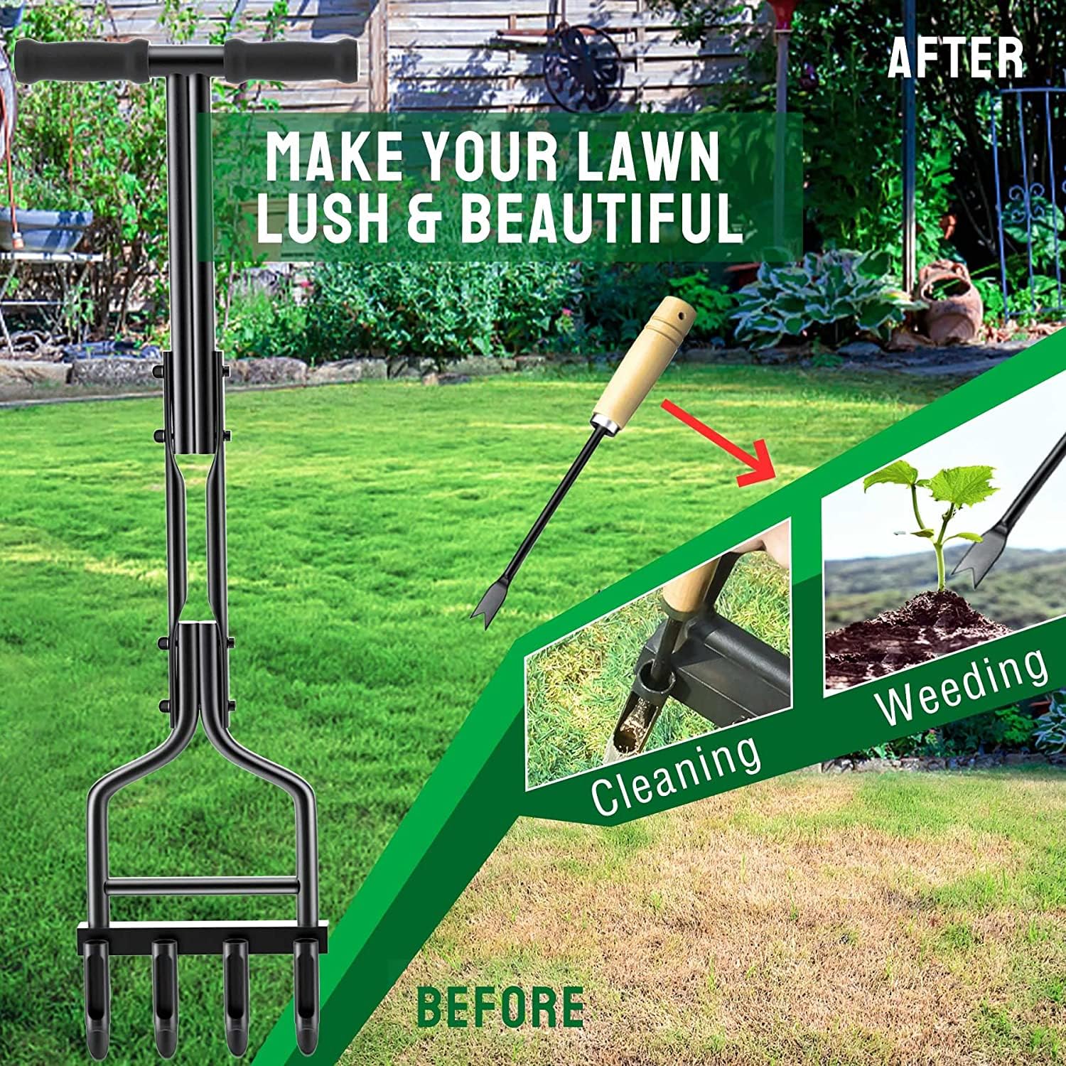 EEIEER Lawn Aerator Coring Tool, Manual Plug Core Aerators with Clean Tool, Upgarded Yard Aeration Tools with 4 Hollow Slots for Compacted Soils & Lawns Garden Care-37.6''