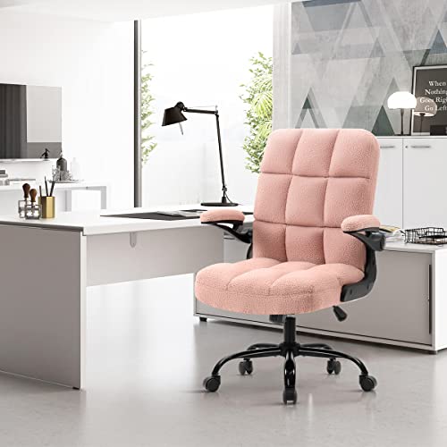 SEATZONE Pink Home Office Desk Chairs with Flip-up Armrest, Faux Fur, Fuzzy Computer Rolling Chair with Wheels, Adjustable Backward Tilt