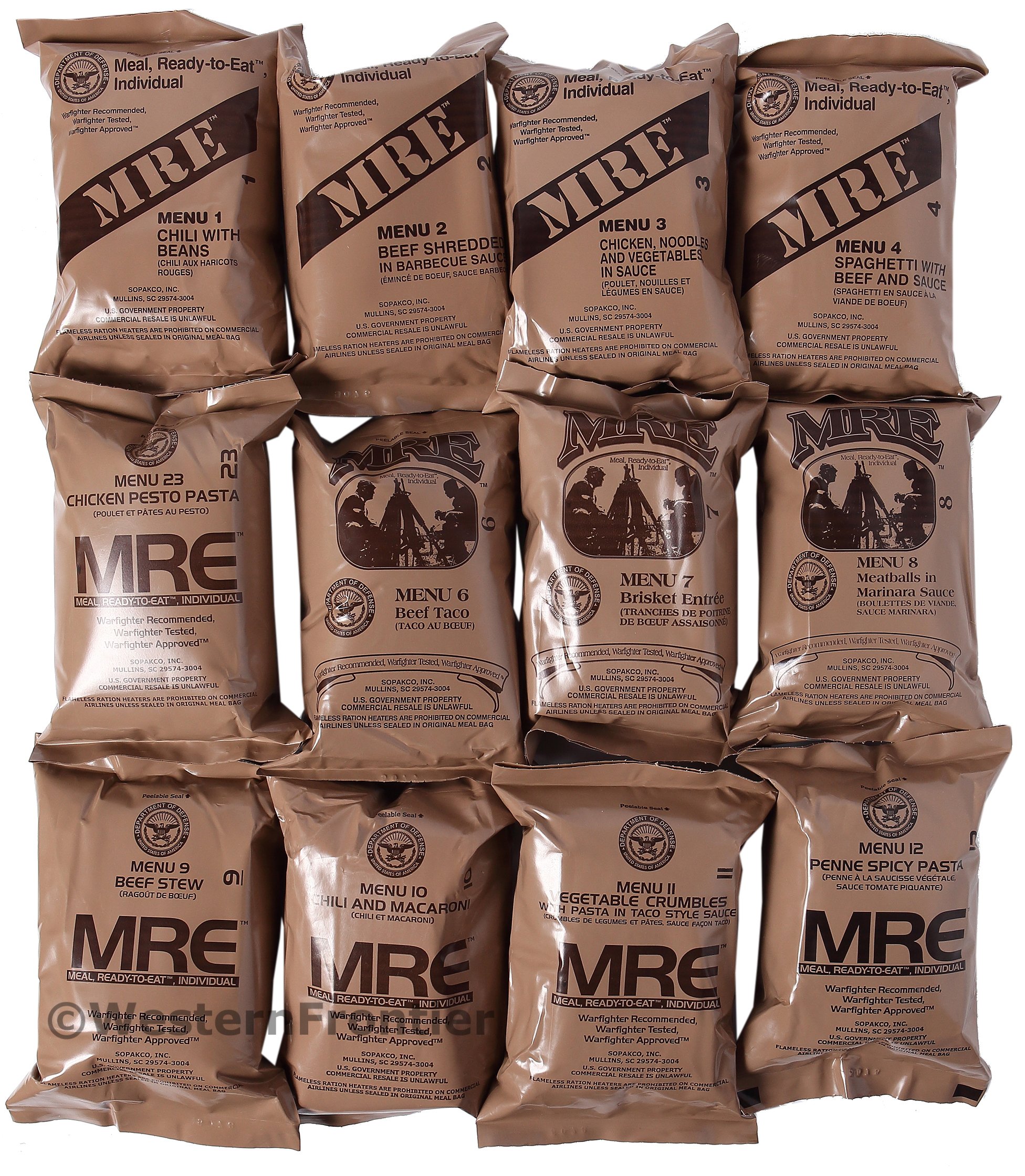MRE A-Menu Case, 2018 Inspection Date Military Meal-Ready-to-Eat. Case of 12 Genuine US Military Surplus MREs with A Case Menu Selections.