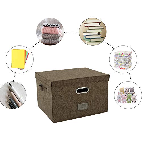 JSungo File Box with 5 Hanging Filing Folders, Document Organizer Storage for Office, Collapsible Linen Storage Box with Lids, Home Portable Storage with Handle, Letter Size Legal Folder, Brown