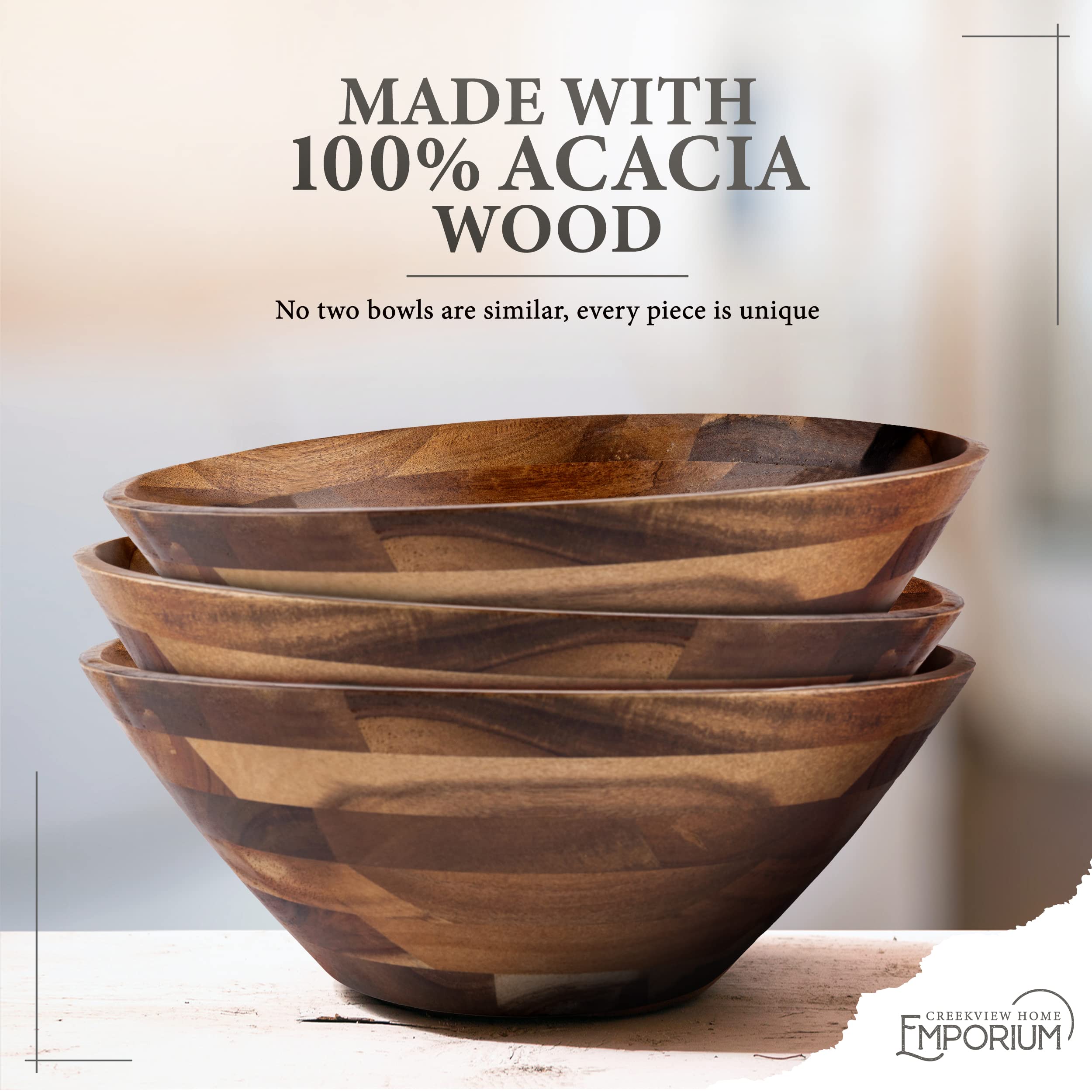 Creekview Home Emporium Acacia Salad Bowl and Serving Utensil Set - Large Wooden Salad Bowl with Serving Spoon and Fork