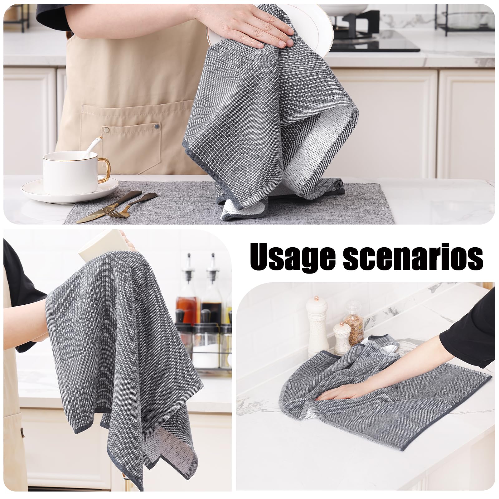 Homaxy Premium Kitchen Towels(18βx 28β, 6 Pack), Large Cotton Kitchen Hand Towels, Flat and Terry Dish Towels, 380 GSM Highly Absorbent Tea Towels Set with Hanging Loop, Grey