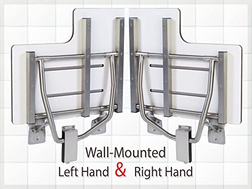 Folding Shower Seat - Wall Mount Bench for Inside Shower / ADA Bathroom Safety Assist / 304 Stainless Steel / Phenolic Resin / Left / 28" x 21"