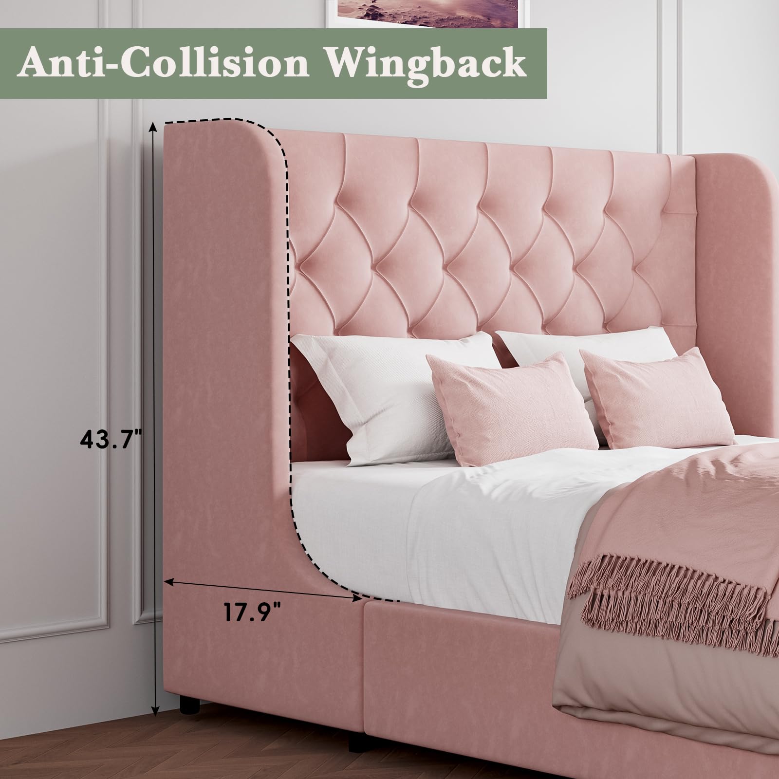 HOMBCK Queen Bed Frame, Pink Velvet Upholstered Bed Frame with Headboard and Wide Wingback, Soft Bed Frame Queen, No Box Spring Required, Noise Free, Easy Assembly, Pink