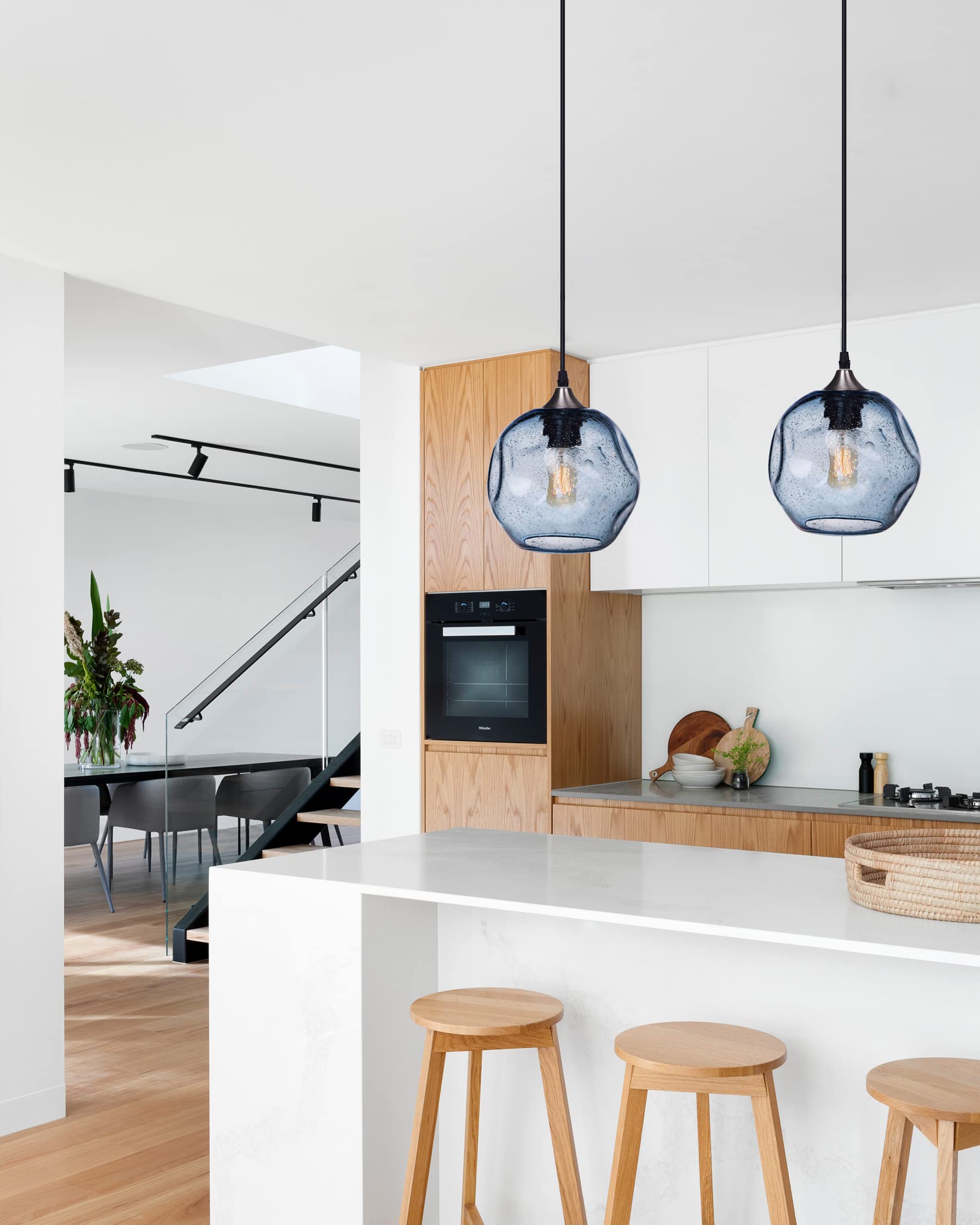 CASAMOTION Glass Pendant Lights Modern Blue Seeded Bubbles Kitchen Lighting Over Island Organic Globe Ceiling Hanging Fixture Dining Room Table Sink Hallway Entryway 7" Inch Diam