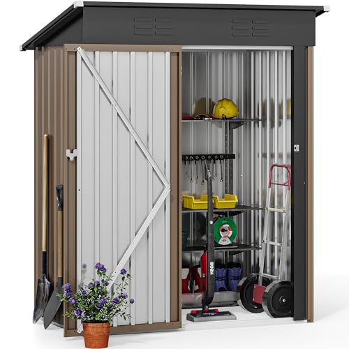 DWVO Metal Outdoor Storage Shed 5x3ft, Lockable Tool Sheds Storage with Air Vent for Garden, Patio, Lawn to Store Garbage Can, Lawnmower, Brown