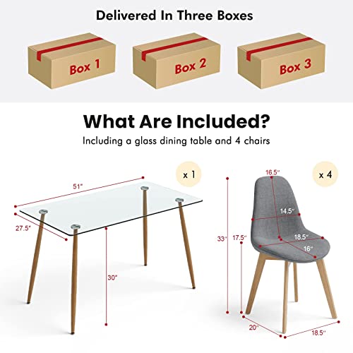 Tangkula 5 Pieces Dining Room Table Set, Modern Table & Chair Set for 5, 4 Grey Fabric Dining Chairs with Glass Dining Table for Small Living Room, Kitchen