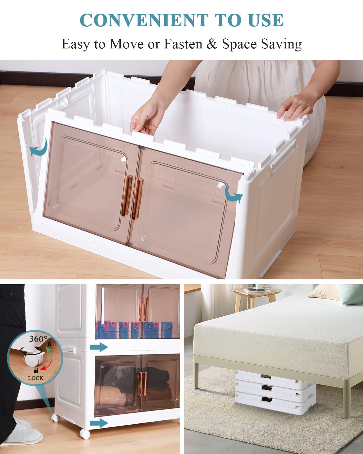 FURKIT Plastic Storage Bins with Lid, 306QT Upgraded Large Capacity Storage Containers with Wheels, 3 Tier Stackable Containers Organizer, Sturdy Closet Boxes for Living Room, Bedroom, Office (Tawny)