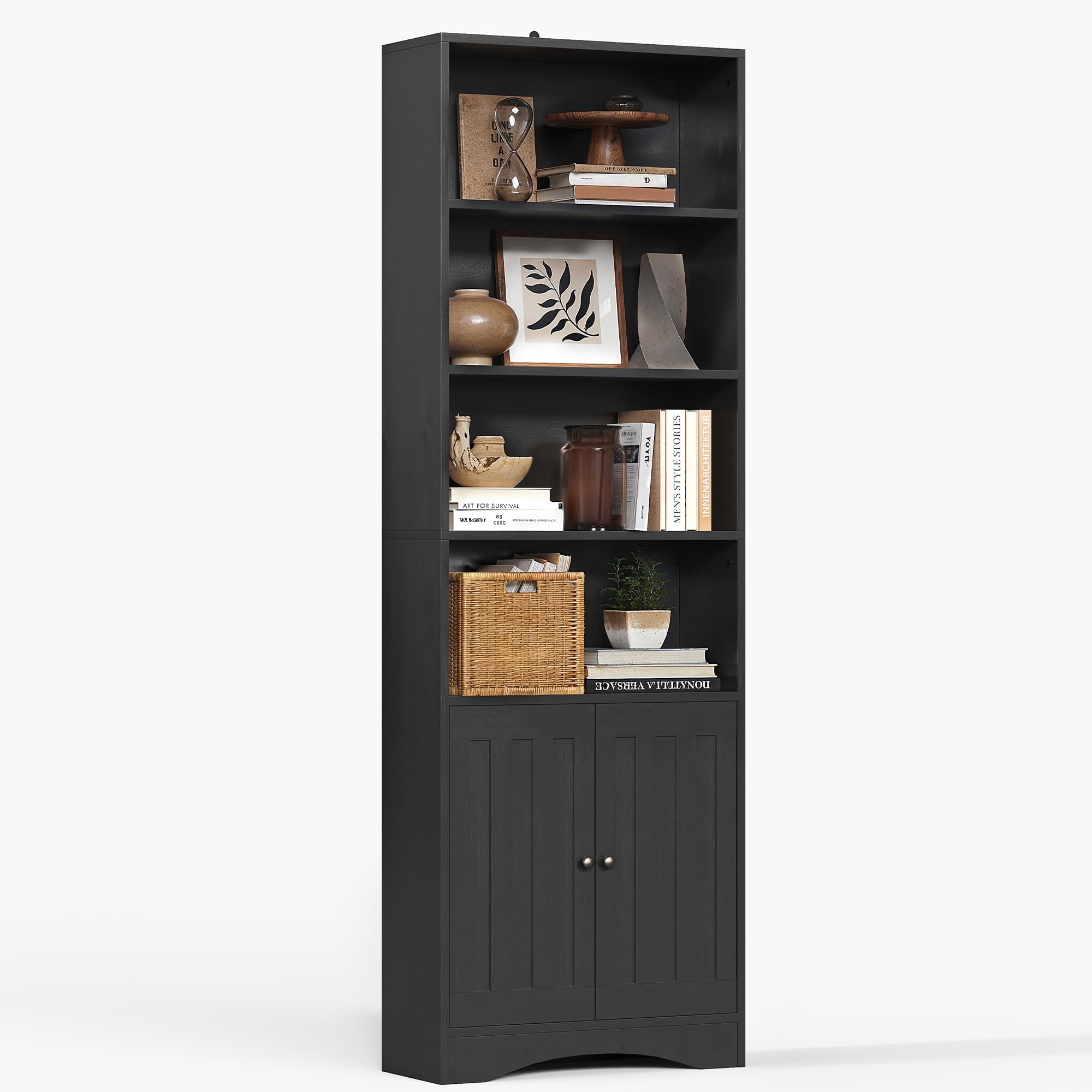 Gizoon Bookcase, Bookshelves and Bookcases, 71β 6-Shelf Bookcase with Doors, Floor Standing Display Storage Shelves, with Adjustable Shelves, for Home, Office, Living Room, Bedroom, Black