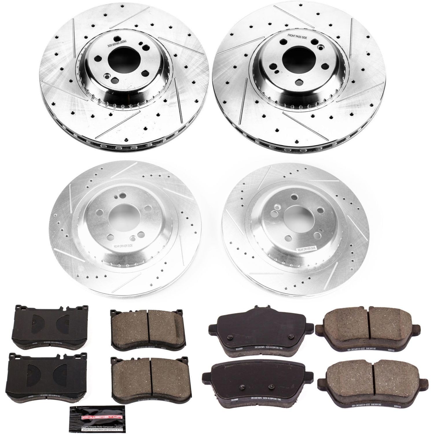Power Stop K8102 Front and Rear Z23 Carbon Fiber Brake Pads with Drilled & Slotted Brake Rotors Kit and 1 Front & 1 Rear Sensor Wires For S450, S550, S550e, S560 [Model Specific]