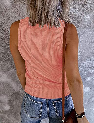 MEROKEETY Womens V Neck Tank Tops Summer Sleeveless Ribbed Button Casual Henley Shirts Salmon