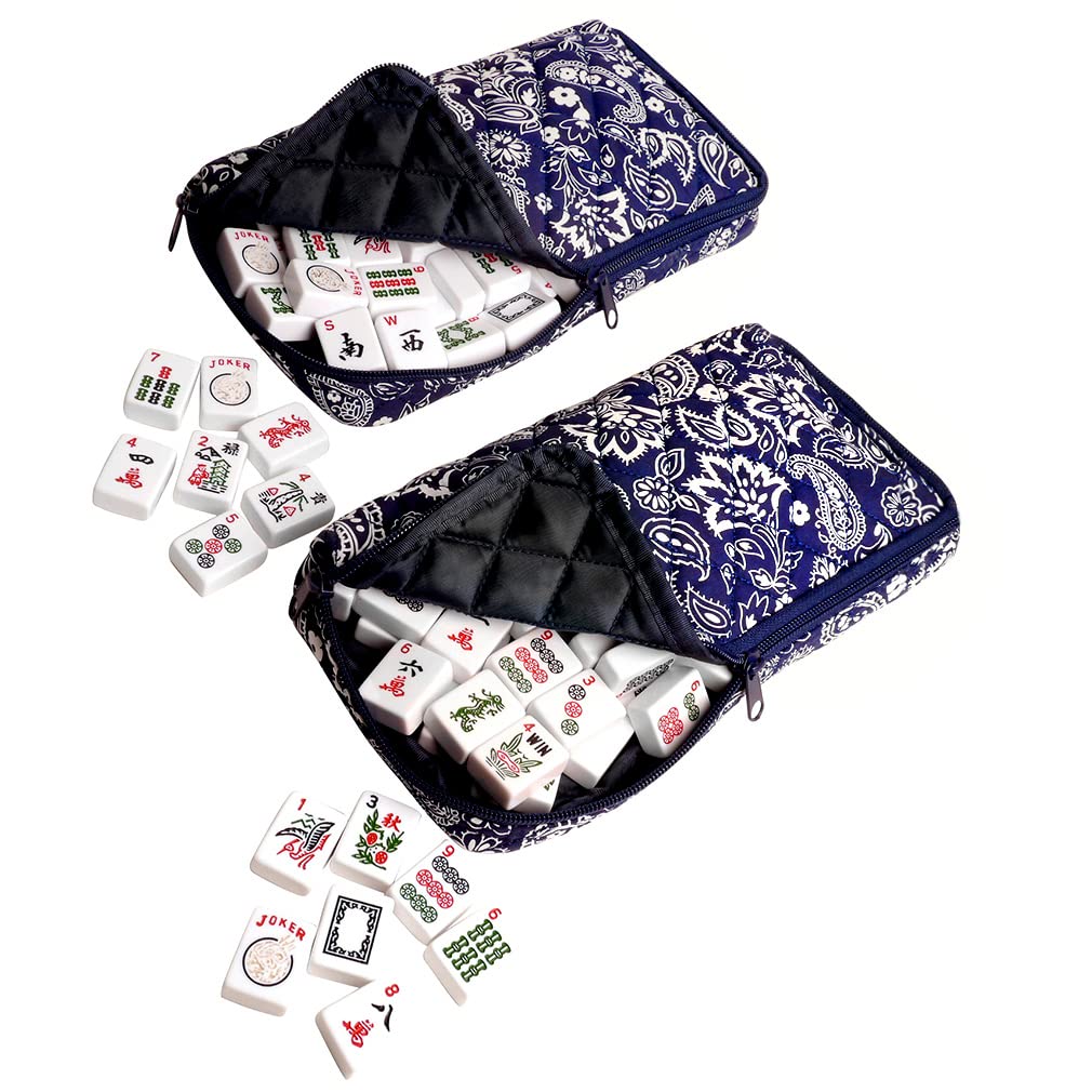 Linda Li New! - American Mahjong Set 166 Premium White Tiles, 4 All-in-One Rack/Pushers, Blue Paisley Soft Bag β Classic Full Size Complete Mahjongg Set